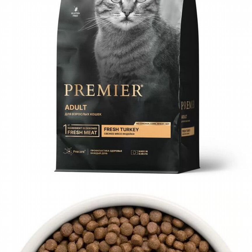 Корм Premier индейка, для взрослых кошек, 2 кг