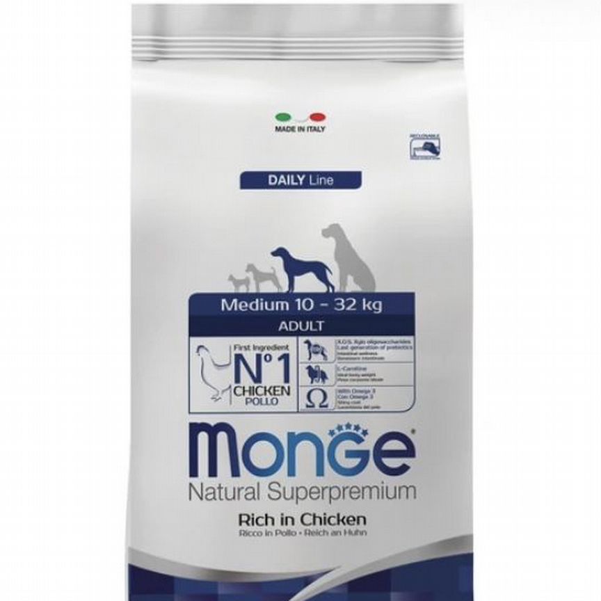 Корм для средних собак monge medium с курицей