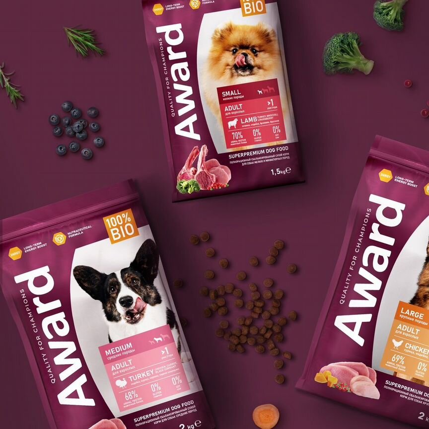 Корм авард ,15 кг, для собак, индейка, утка