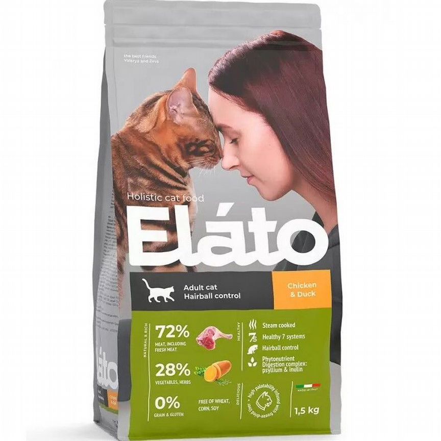 Сухой корм Elato Holistic для кошек с курицей и уткой для выведения шерсти - 1,5 кг