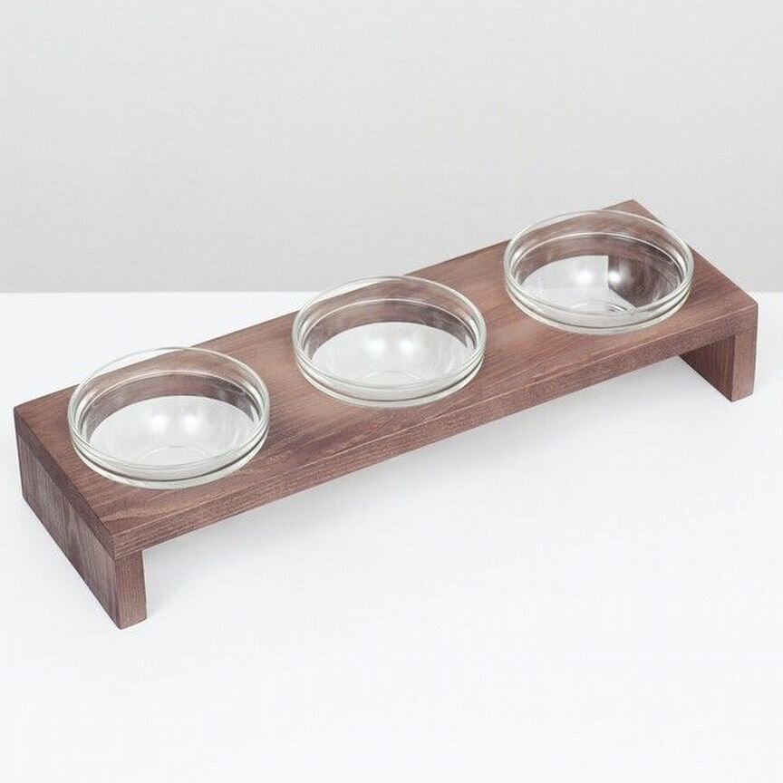 Подставка тройная с мисками из прозрачного стекла