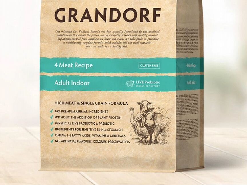 Сухой корм для кошек Grandorf, 4 вида мяса, 2 кг