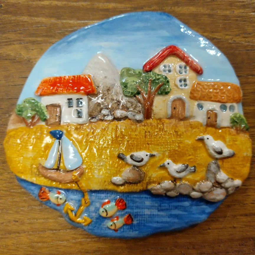 Море. Чайки. Домики.Подвеска. Керамика