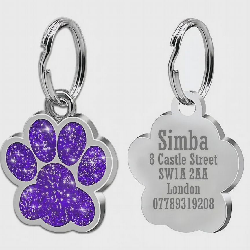 Персонализированная бирка для собаки, фиолетовая, Simba, London
