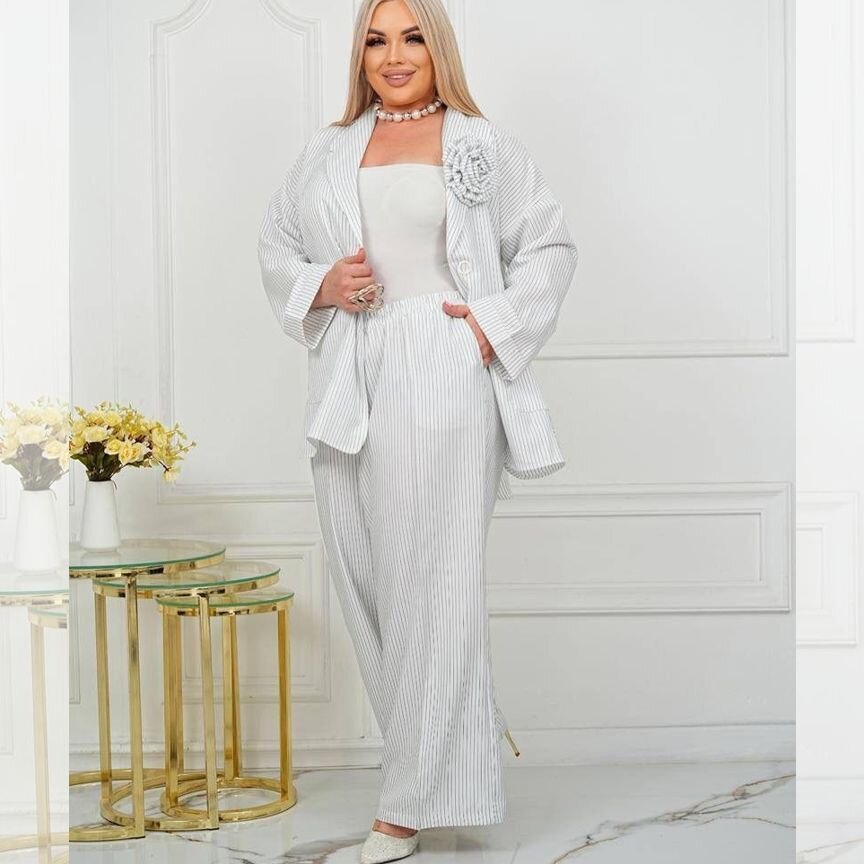 Брючный костюм двойка женский лен плюс сайз